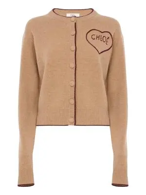 Chloé Ribbed Trim Logo Knit Cardigan In Wool And Cashmere - Brown