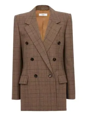 Chloé Double-breasted Check Wool Jacket With Horn Buttons - Brown
