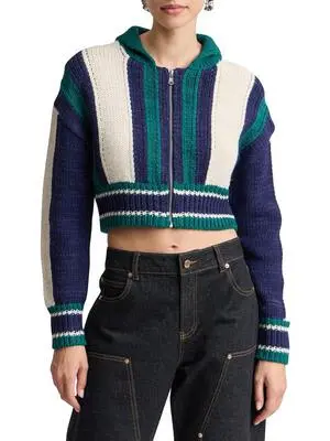 Avec Les Filles Striped Chunky Zip Cardigan - Navy Combo
