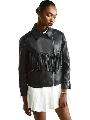 FURNIQ UK Dakota Fringed Leather Jacket - Black