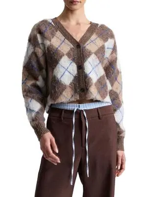 Avec Les Filles Argyle Jacquard Cardigan - Brown Argyle