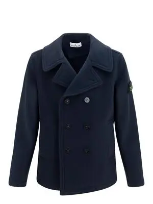 Stone Island Doube-breasted Woo And Cashmere Jacket Mae - Blue