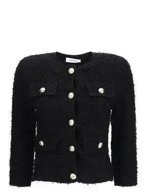 Balmain Double-breasted Tweed Cropped Jacket With Logo Buttons - Black
