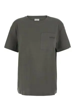 Brunello Cucinelli T-shirt With Monile Detail Applied On The Front In Cotton For - Green