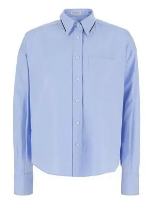 Brunello Cucinelli Light Blue Shirt With Monili Decoration On The Collar In Cotton - Multicolor