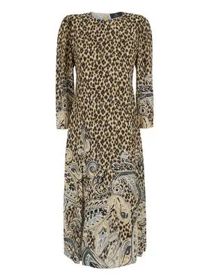 Etro Brown Round Neck Dress With Floral Animalier Print In Tech Fabric - Multicolor