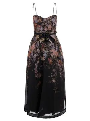 Zimmermann Valiant' Black Dress With Spaghetti Straps And All-over Floral Print In Linen And Silk Blend For - Multicolor