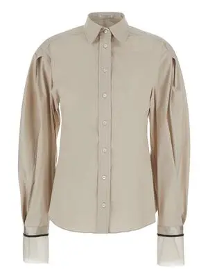 Brunello Cucinelli Beige Shirt With Monili Decorations On The Cuffs In Cotton Poplin - Multicolor