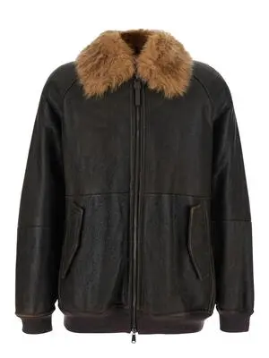 Brunello Cucinelli Brunello Cucinelli Women Brown Jacket With Fur Collar And Monil Zipper Pull In Leather For Women Multicolor