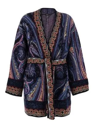 Etro Cardigan With V-neck And All-over Print In Blend Wool For - Multicolor