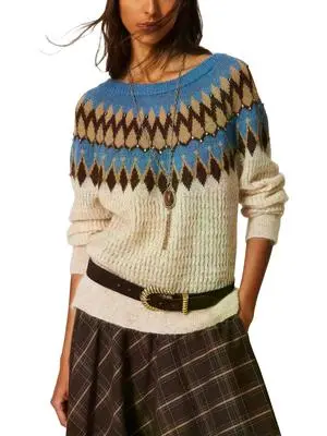 TWINSET Jacquard-knit Crystal-embellished Sweater - Neutrals