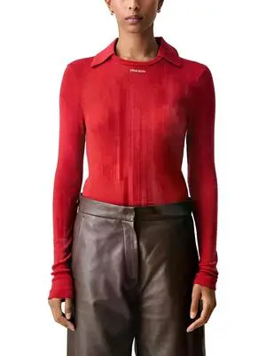 Stine Goya Ribbed-knit Long-sleeve Polo Top - Red