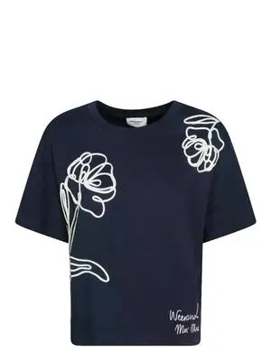 Max Mara Floral-embroidered Logo-print T-shirt Blue