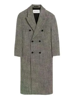 AMI Paris Long Double Breasted Wool Herringbone Coat - Grey