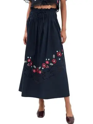 Moon River Embroidered Floral Elasticated Midi Skirt - Navy