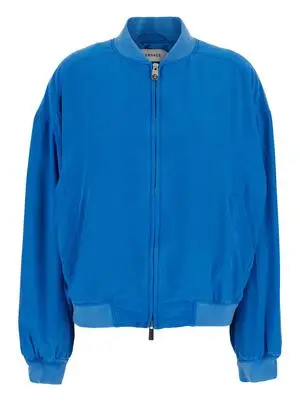 Versace Blue Bomber Jacket With Ribbed Collar And Logo On The Back In Silk For - Multicolor