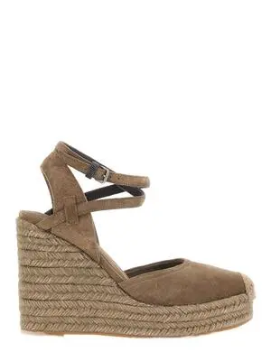 Brunello Cucinelli Brown Wedges With Ankle Strap And Round Toe In Suede - Multicolor