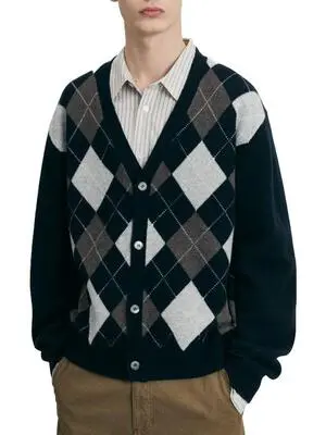 DUNST Gender Inclusive Argyle V-neck Cardigan - Navy
