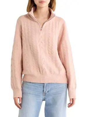 WAYF West Half Zip Cable Knit Sweater - Blush