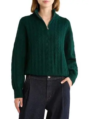 WAYF West Half Zip Cable Knit Sweater - Pine Green