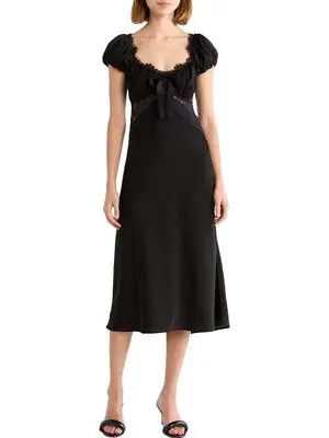 WAYF Mira Lace Trim Puff Sleeve Dress - Black