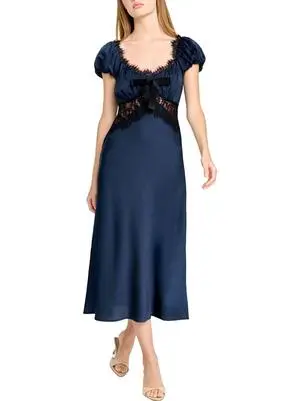 WAYF Mira Lace Trim Puff Sleeve Dress - Navy