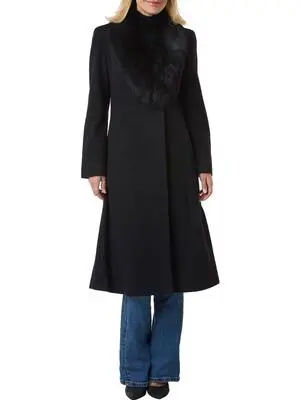 Sofia Cashmere Genuine Shearling Collar Wool & Cashmere Princess Coat - Black