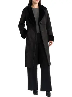 Via Spiga Faux Fur Trim Faux Shearling Maxi Coat - Black