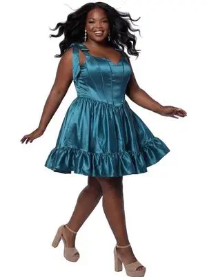 SYDNEY'S CLOSET Satin Corset Homecoming Dress With Ruffle - Teal