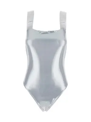 Versace One-piece Swimsuit With Greca Detail On The Straps In Stretch Tech Fabric For - Silver