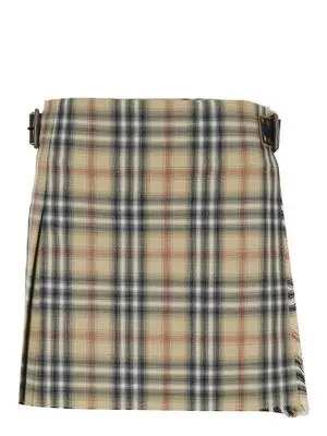 Burberry Beige Skirt With Adjustable Belt And All-over Check Motif In Wool For - Multicolor
