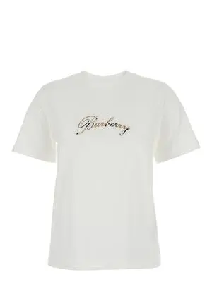 Burberry White Crew Neck T-shirt With Logo Lettering On The Front In Cotton For - Multicolor