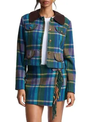 Avec Les Filles Plaid Jacket With Faux Leather Trim - Green Multi