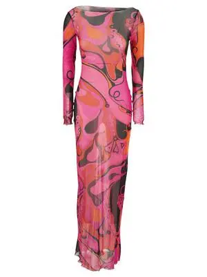 Emilio Pucci Fuchsia Long Dress With Round Neckline And All-over Orchidea Print In Tech Fabric For - Multicolor