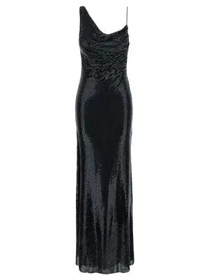 SELF-PORTRAIT Black Long Dress With Draping And Rhinestones In Tech Fabric - Multicolor