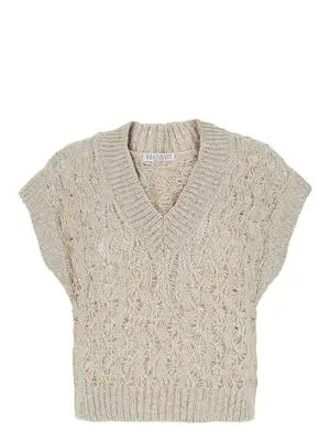 Brunello Cucinelli Brunello Cucinelli Women Beige Vest With V-Neck And Sequin Detail In Silk And Linen Blend For Women Multicolor