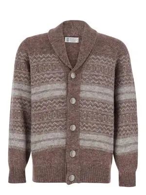 Brunello Cucinelli Brown Cardigan With V-neck And Striped Motif In Wool Blend For - Multicolor