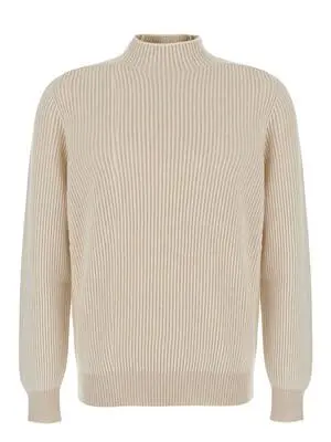 Brunello Cucinelli Brunello Cucinelli Men Beige Sweater With Ribbed Design And High Collar In Cashmere For Men Multicolor