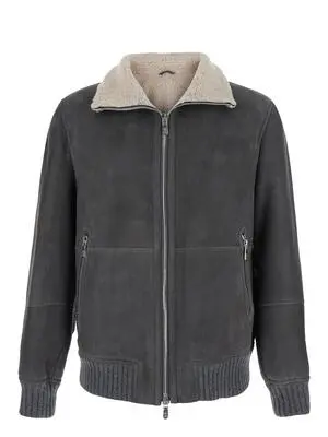 Brunello Cucinelli Gray Jacket With High Collar And Fur Lining In Leather For - Multicolor