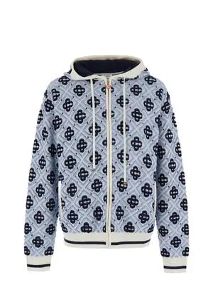 Casablanca Light Blue Hooded Sweatshirt With Drawstring And All-over Logo Motif In Wool - Multicolor