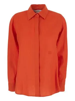 Max Mara Shirt With Classic Collar And Tone-on-tone Logo Embroidery In Linen For - Red