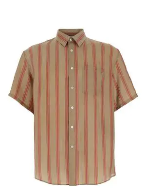 Saint Laurent Beige Shirt With Cassandre Embroidery On The Front And All-over Striped Motif In Cupro For - Multicolor