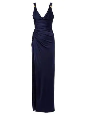 Versace Medusa Draped Ruched Jersey Gown - Blue