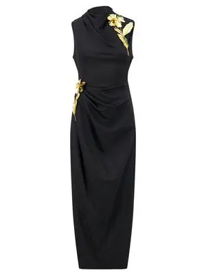 Lela Rose 3d Metallic Embroidered Satin Jersey Column Dress - Black
