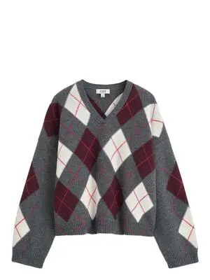 Cos Argyle Wool-alpaca V-neck Sweater Gray