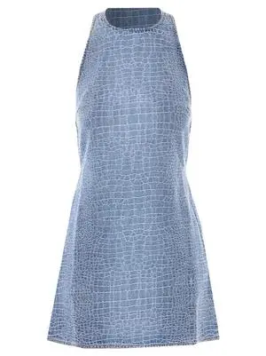 SELF-PORTRAIT Rhinestone Croc Effect Denim Mini Dress - Blue