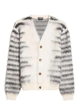 TOM FORD Brushed Stripe Mohair Blend Cardigan - White/black