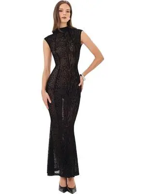 MISS CIRCLE NEW YORK Tyanna Backless Burnout Velvet Mesh Maxi Dress - Black
