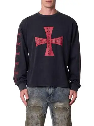 Mnml Washed La Long Sleeve Cotton Graphic T-shirt - Black