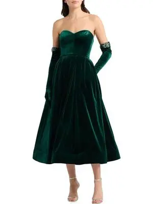 BRONX BANCO Fit & Flare Velvet Party Dress - Emerald